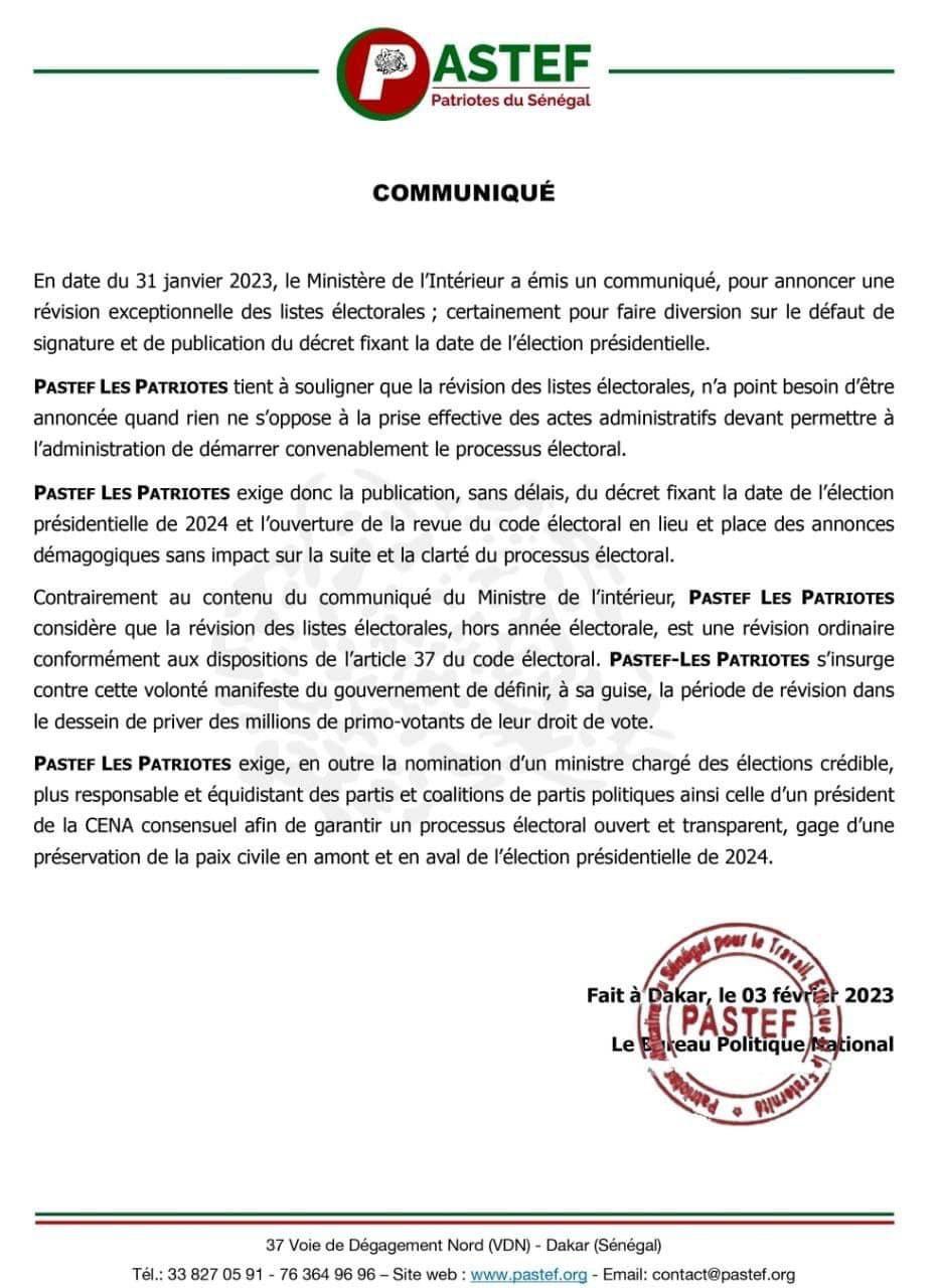 Présidentielle De 2024 Révision Des Listes Exigences De Pastef